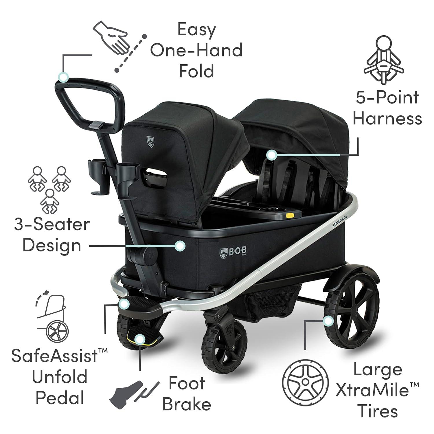 BOB Gear Renegade Canopy Stroller Wagon with 3 Seats, 5-Point Harness ...